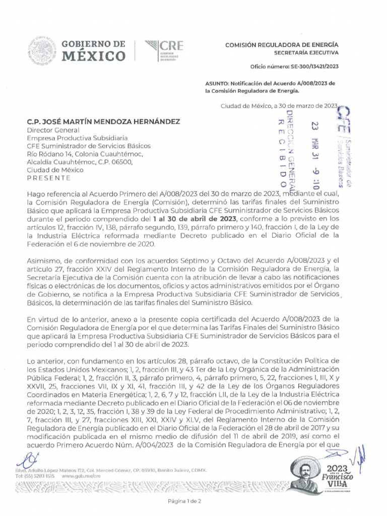 Oficio SE-300-13421-2023-Acuerdo-A-008-2023-TFSB-abril-2023 | PDF