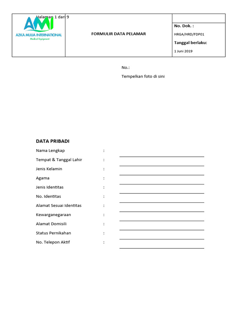 Formulir Data Pelamar Kerja | PDF