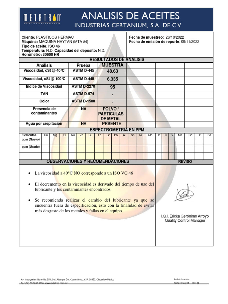 Análisis de Aceite PLASTICOS HERMAC-HAITIAN MTA#4 | Descargar gratis PDF | Elementos metálicos ...