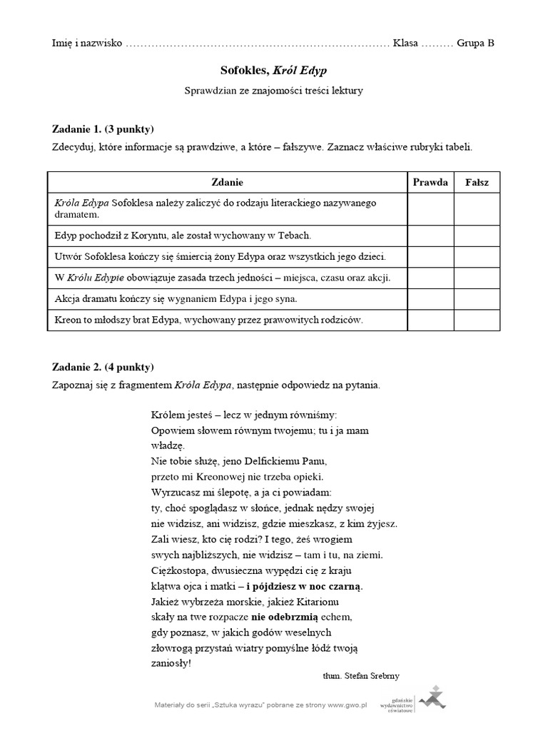 Test Krol Edyp Sofoklesa B PDF | PDF