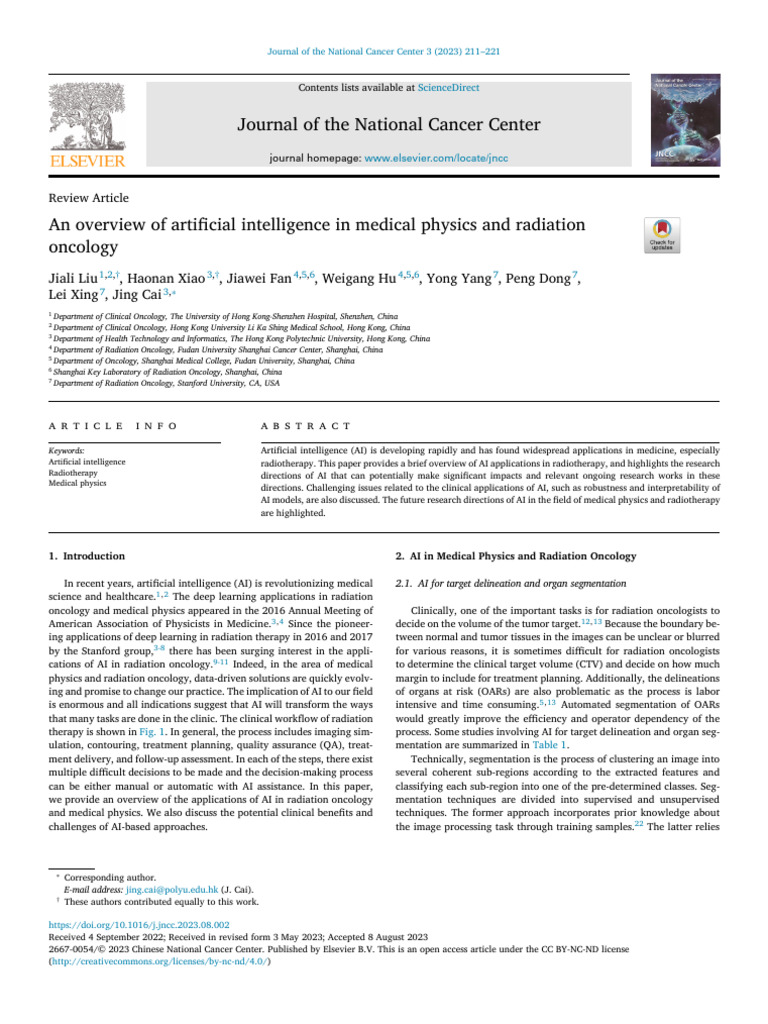 An Overview of Artificial Intelligence in Medical Physics and Radiation Oncology | PDF ...