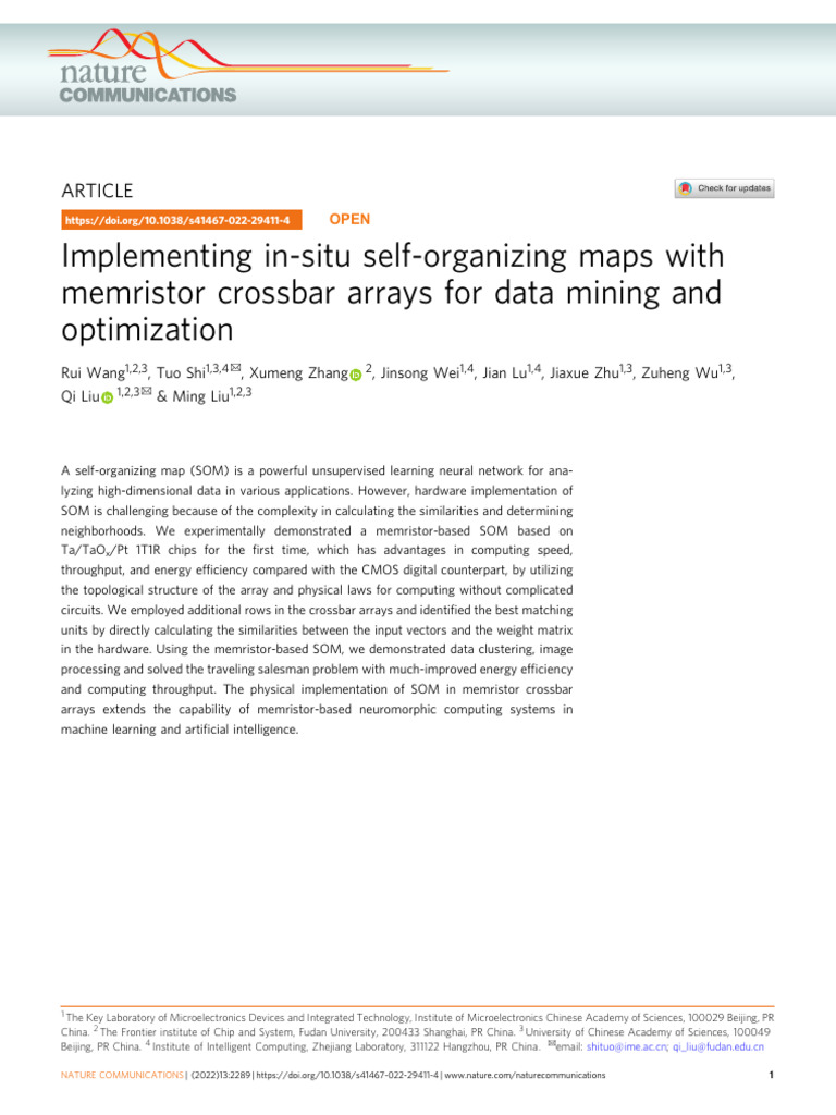 Implementing In-Situ Self-Organizing Maps With Memristor Crossbar Arrays For | Download Free PDF ...
