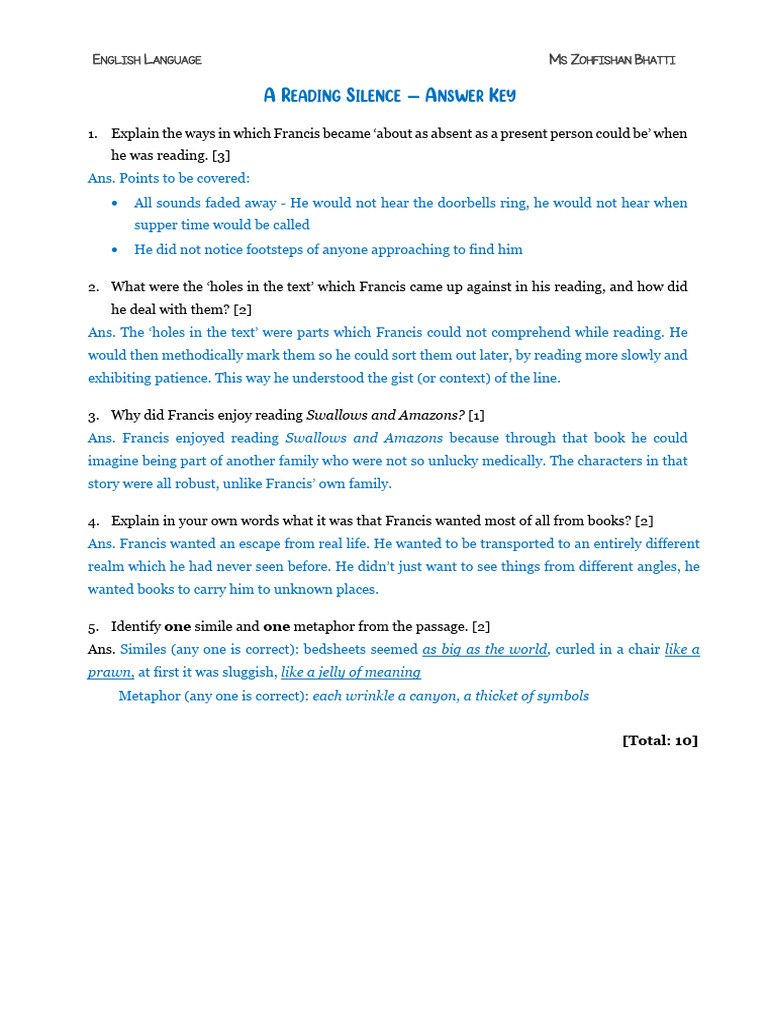 A Reading Silence - Answer Key | PDF