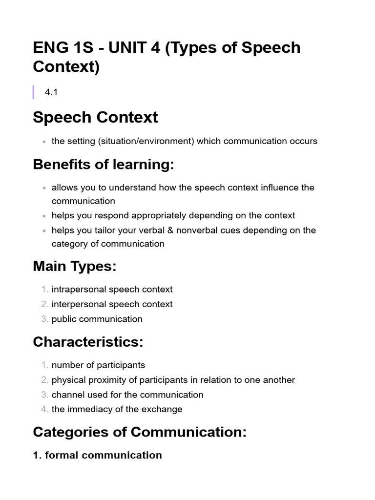 ENG 1S UNIT 4 Types of Speech Context | PDF | Communication | Nonverbal ...