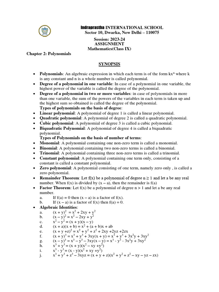 Polynomials Class 9 | PDF | Polynomial | Algebra