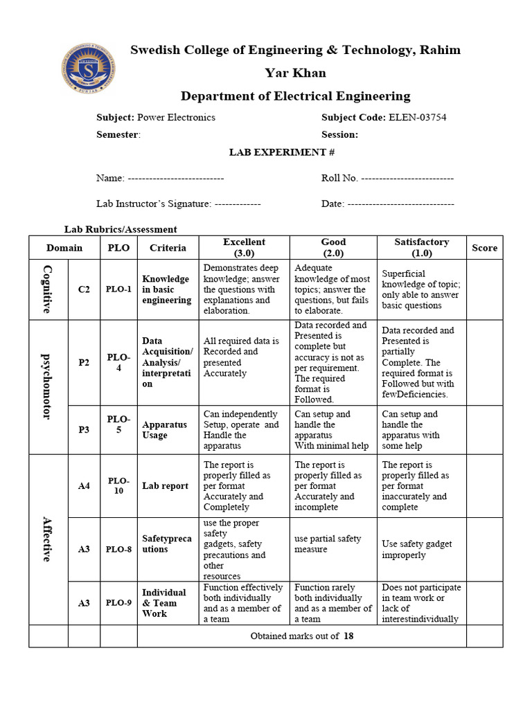 P. E Lab Rubrics | PDF | Electronics | Engineering