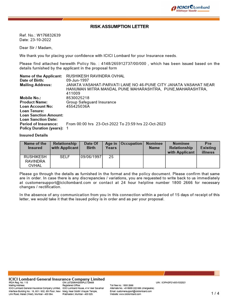 Risk Assumption Letter | PDF | Insurance | Financial Services