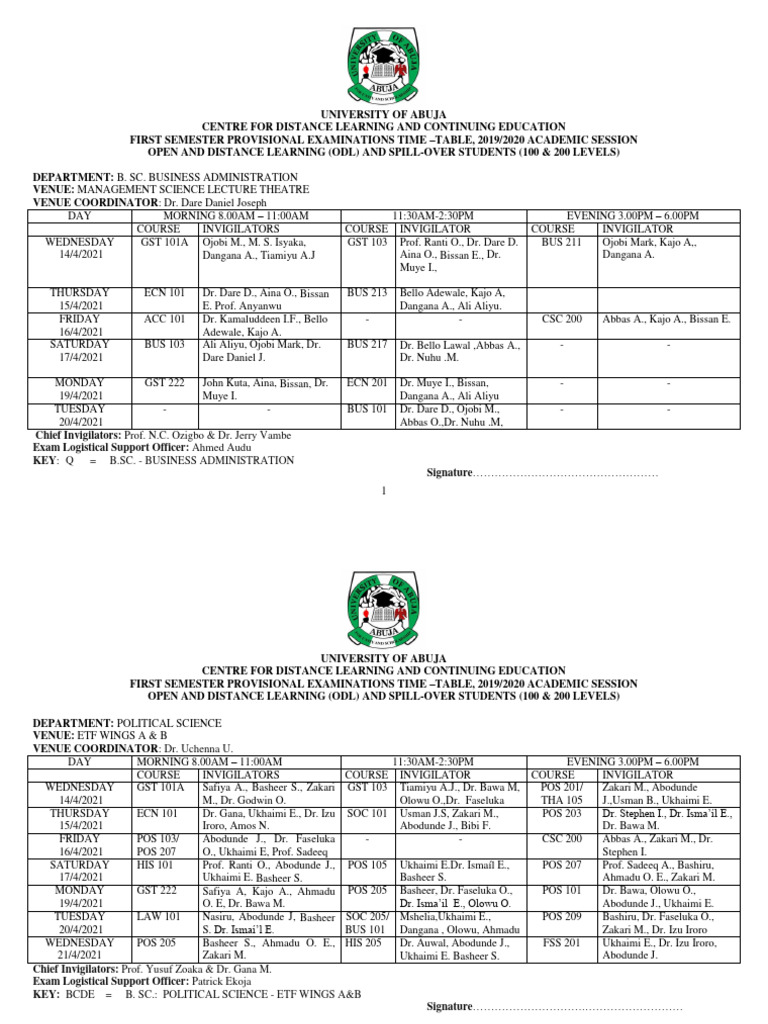 First Semester 100 500 Levels CDL Exam Time TAble | PDF | Academic Term ...