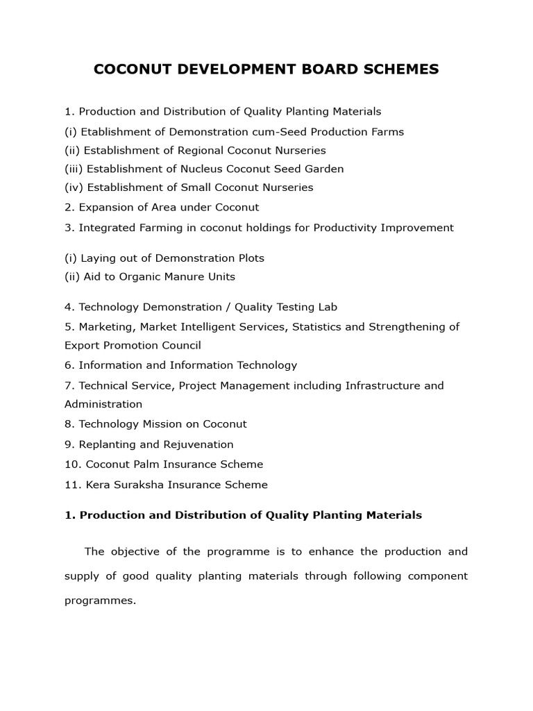 Coconut Development Prog Schemes - v3 | PDF | Insurance | Coconut Coconut Development Prog Schemes - v3 | PDF | Insurance | Coconut