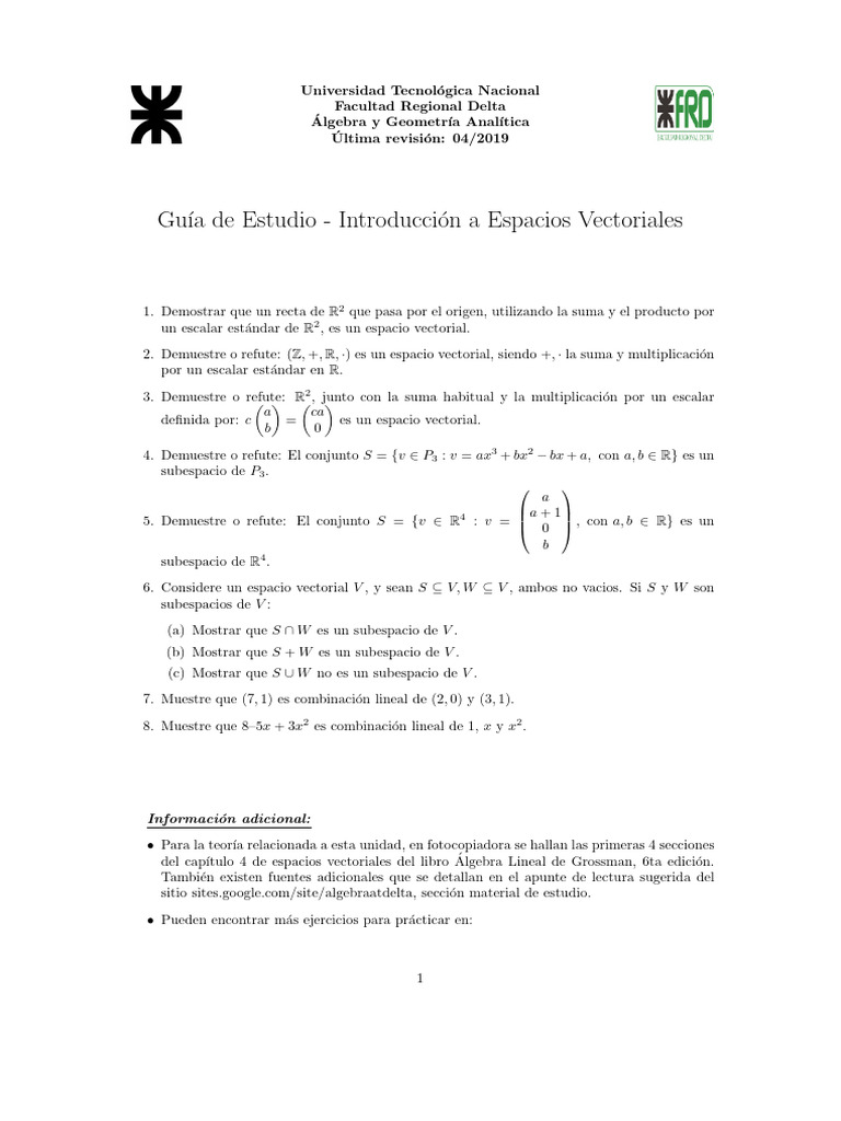 Guia De Estudios Introduccion A Espacios Vectoriales Pdf Espacio