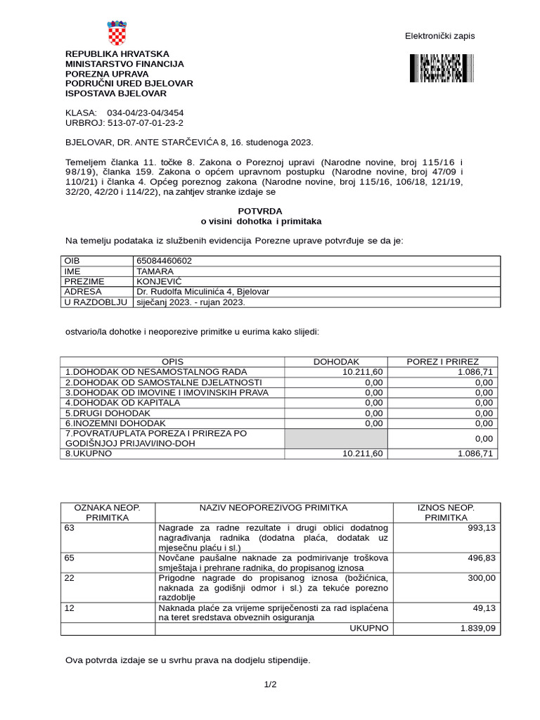Potvrda o Visini Dohotka I Primitaka - EDIP - Mama Konjević | PDF