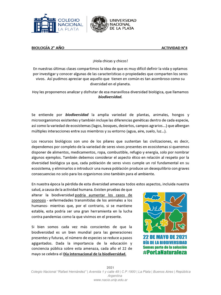 Biología 2do año - Act 4 | PDF | Biodiversidad | Biología