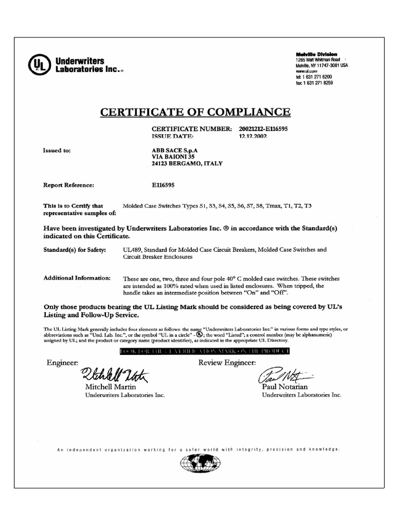 Certif UL Isomax - Tmax T1 - T2 - T3 MCSs - Certificate of Compliance | PDF