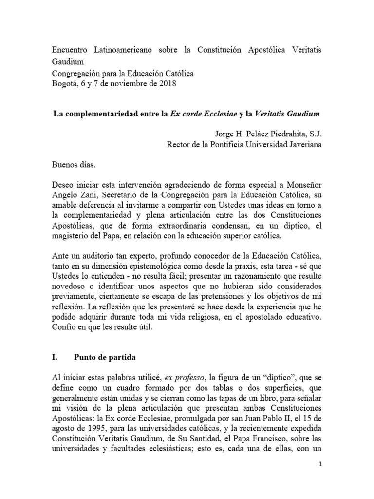 La Complementareidad Entre La Ex Corde Ecclesiae y La Veritatis Gaudium | PDF | Iglesia Católica ...