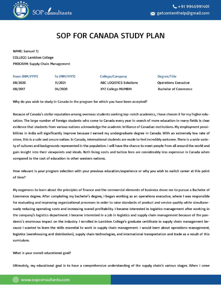 Sample SOP For Canada Study Plan | PDF
