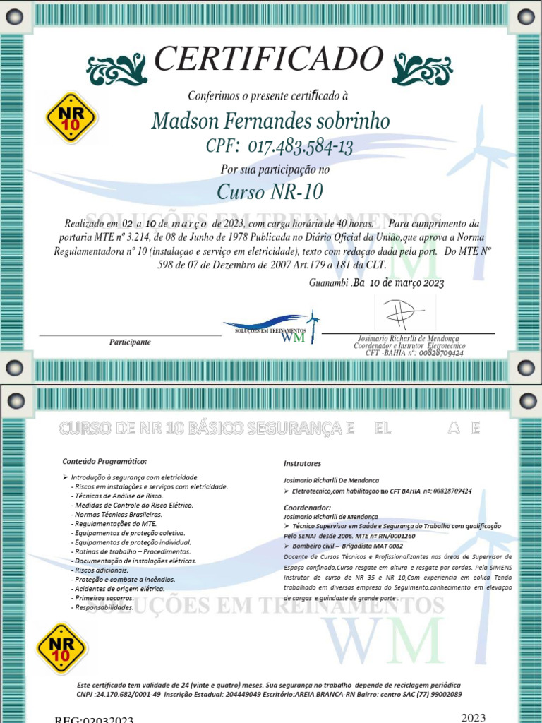 Certificado NR 10 Basico | PDF | Segurança e saúde ocupacional