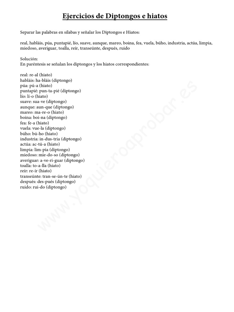 WWW - Yoquieroaprobar.es: Ejercicios de Diptongos e Hiatos | PDF ...