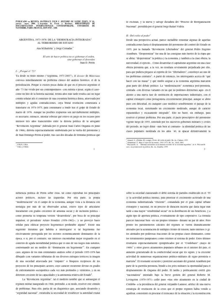 Argentina 1973 1976 De La Democracia Integrada Pdf Argentina