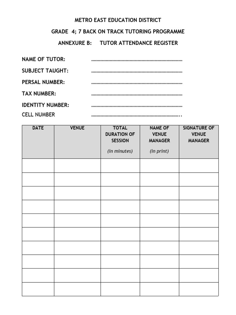 Grade 4 & 7 Tutor Attendance Log | PDF