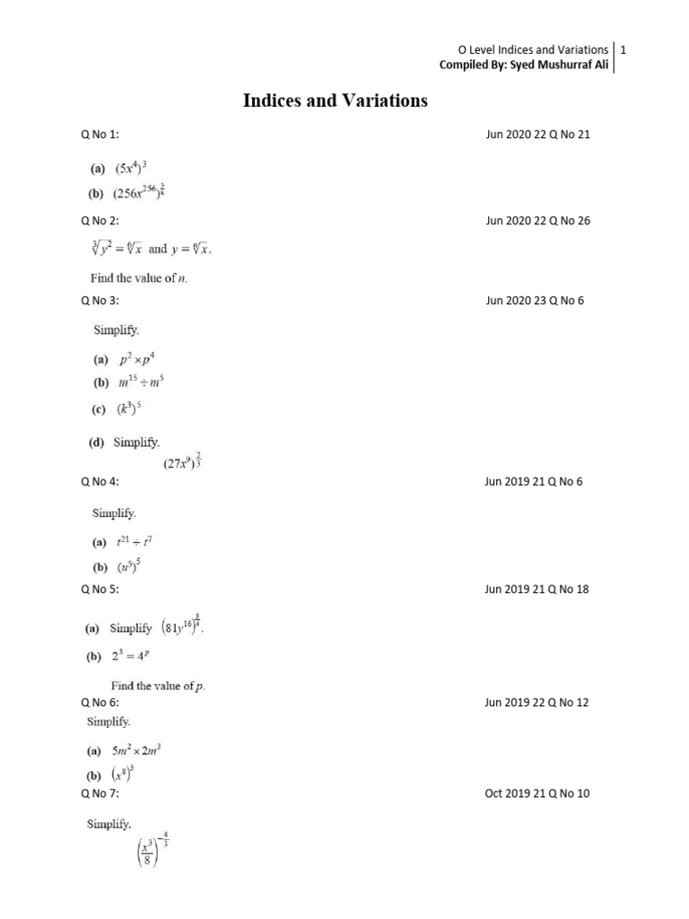 O Level Indices Practice Questions | PDF