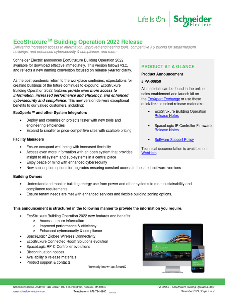 PA-00850 - EcoStruxure Building Operation 2022 Release | PDF | Mobile App | Computer Network