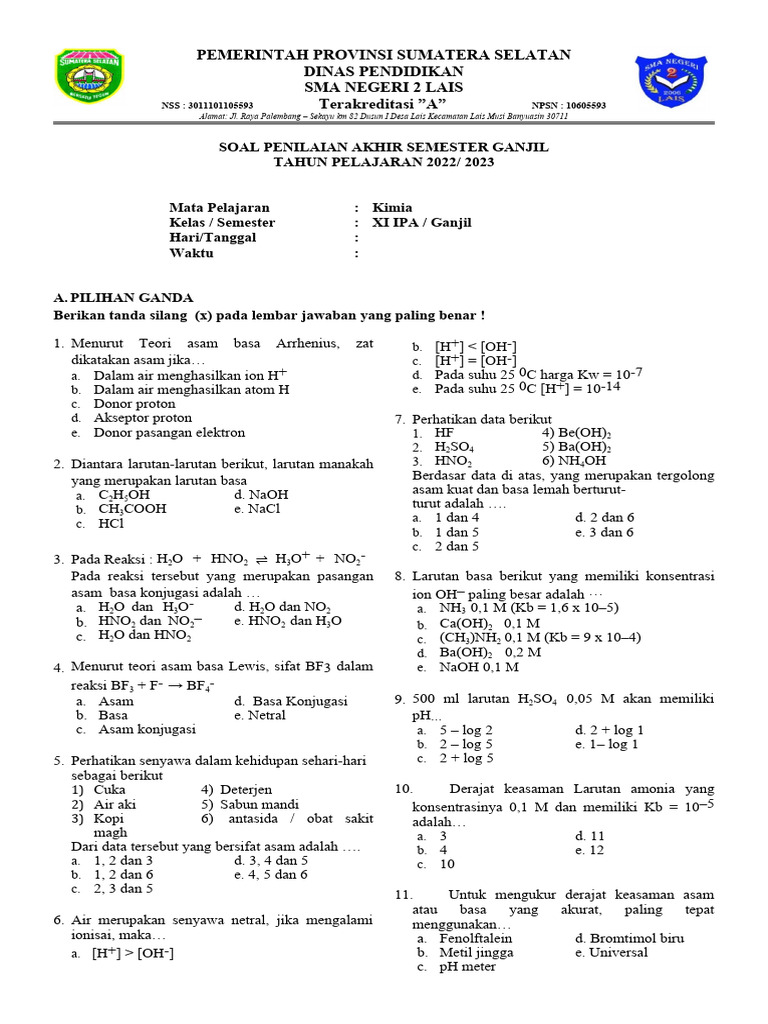 Soal Pas Ganjil Kimia Kelas Xi TP 2022-2023 | PDF