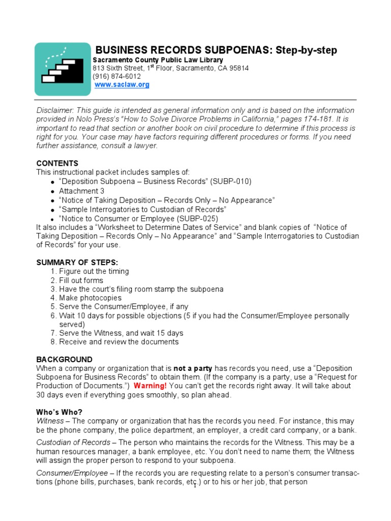Business Records Subpoena 2010 | PDF | Deposition (Law) | Service Of ...