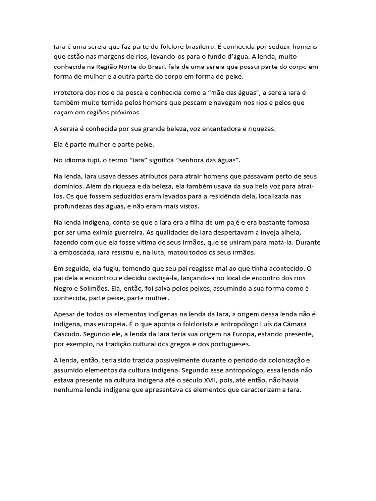 A Lenda da Sereia Iara no Folclore Brasileiro | PDF