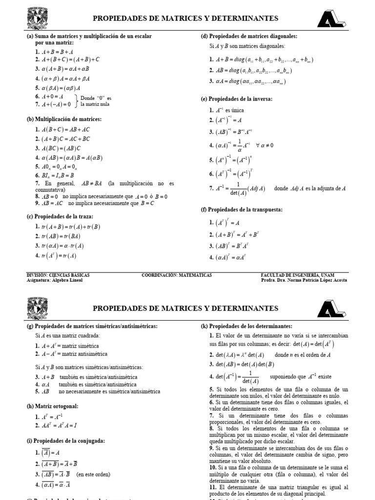 Propiedades de Matrices y Determinantes | PDF | Determinante | Matriz ...