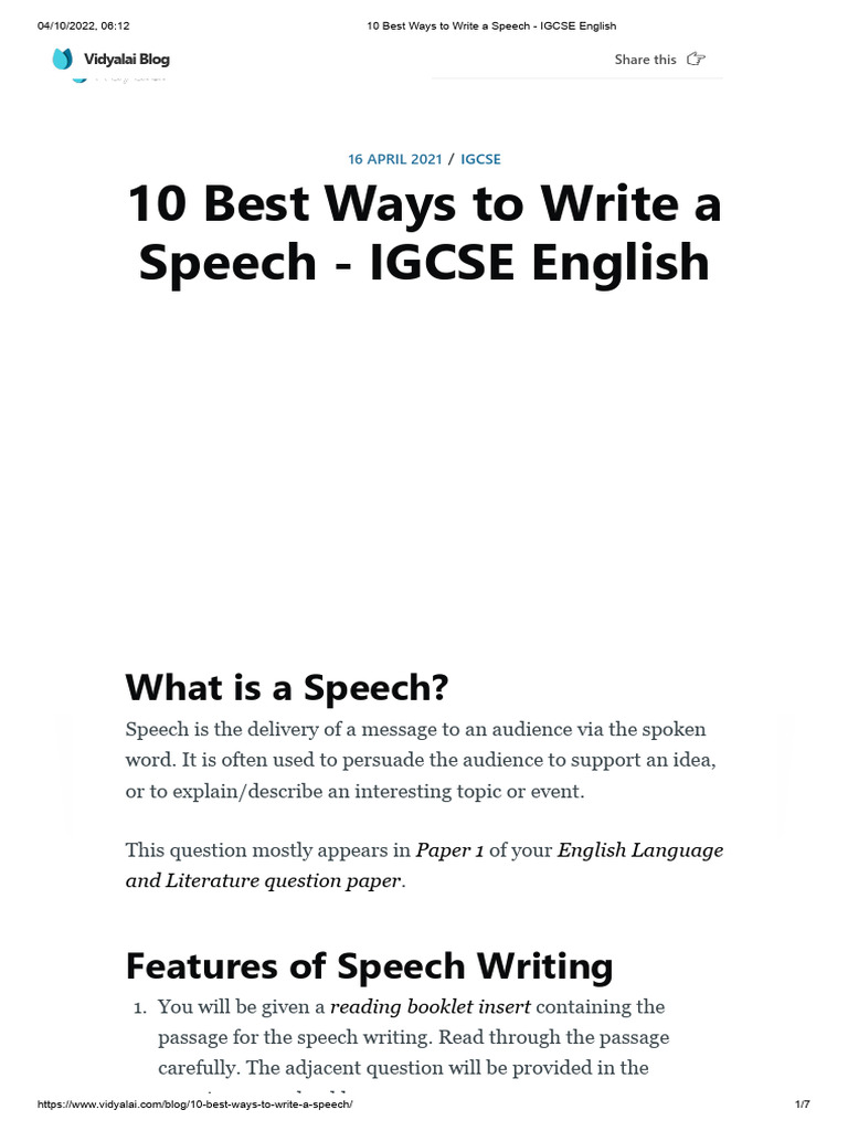 10 Best Ways to Write a Speech - IGCSE English | PDF | Speech ...