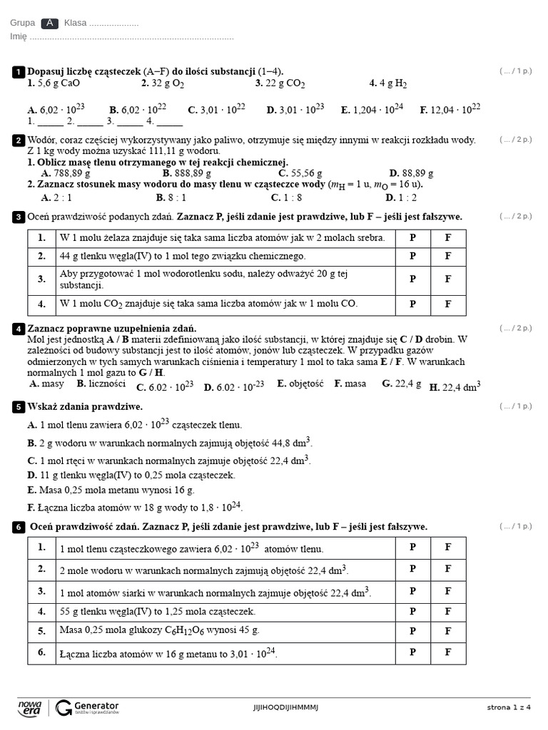 Sprawdzian - Stechiometria Test - Ekowydruk | PDF