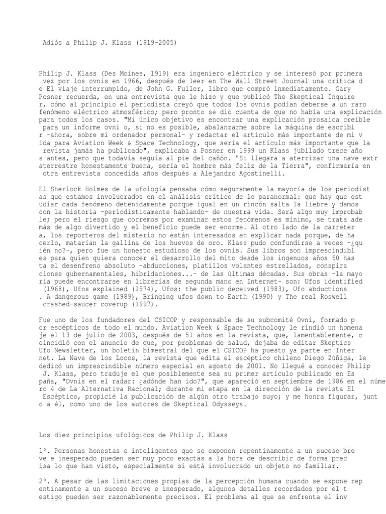 Los Diez Principios Ufológicos de Philip J. Klass | PDF | Objeto ...