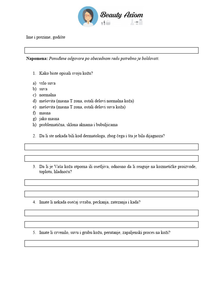 BeautyAxiom Upitnik | PDF