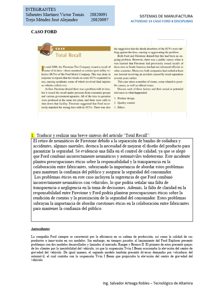Actividad 14 Caso FORD - 8 D S (EXAMEN) | PDF | Neumático | Compania de ...