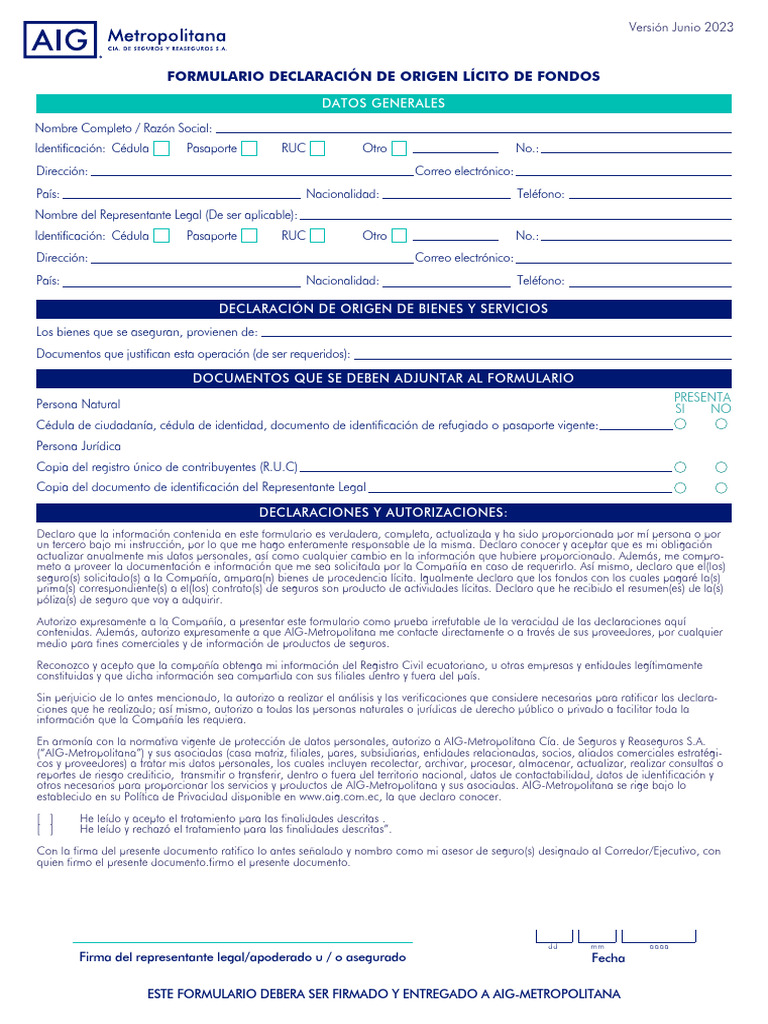 Formulario Declaracion de Origen Licito | Descargar gratis PDF | Seguro ...