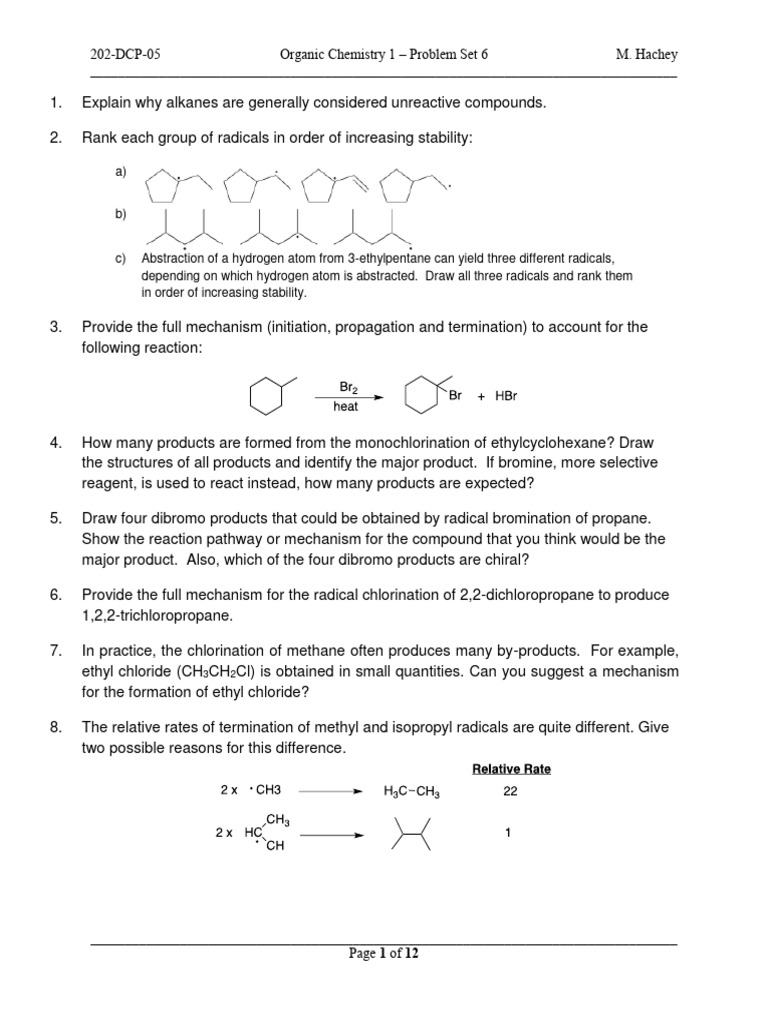 202-DCP Problem Set-6 With-Solutions Radicals | PDF | Radical (Chemistry) | Alkane