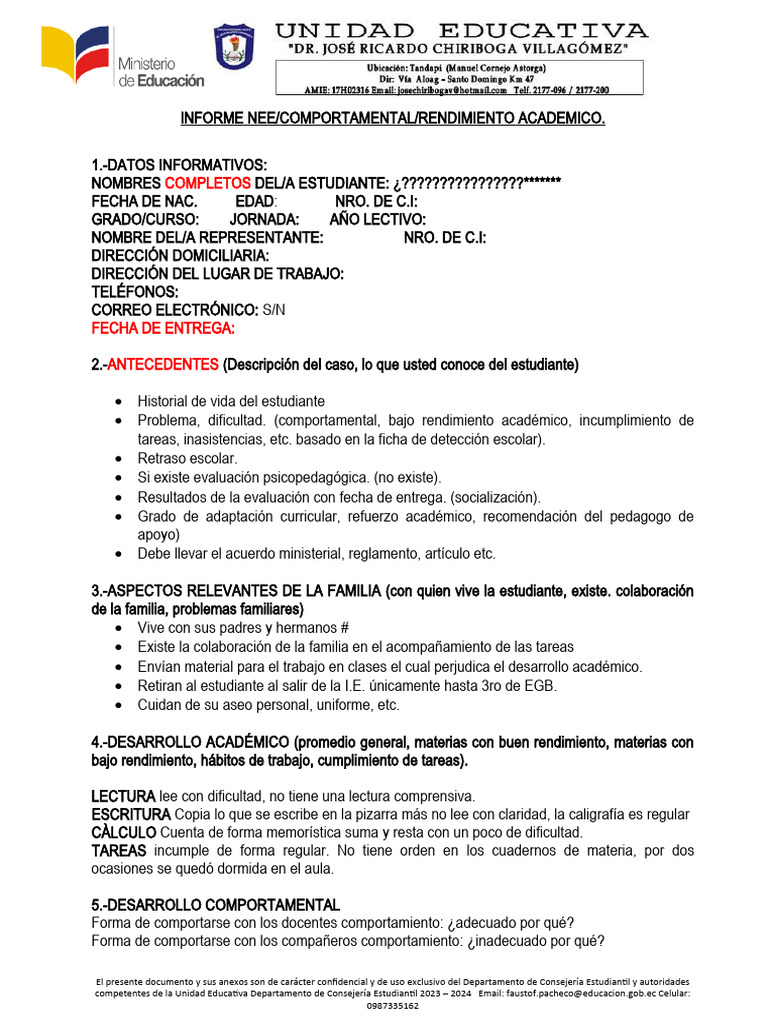 Informe de Rendimiento y Comportamiento Académico | PDF | Crecimiento personal y profesional