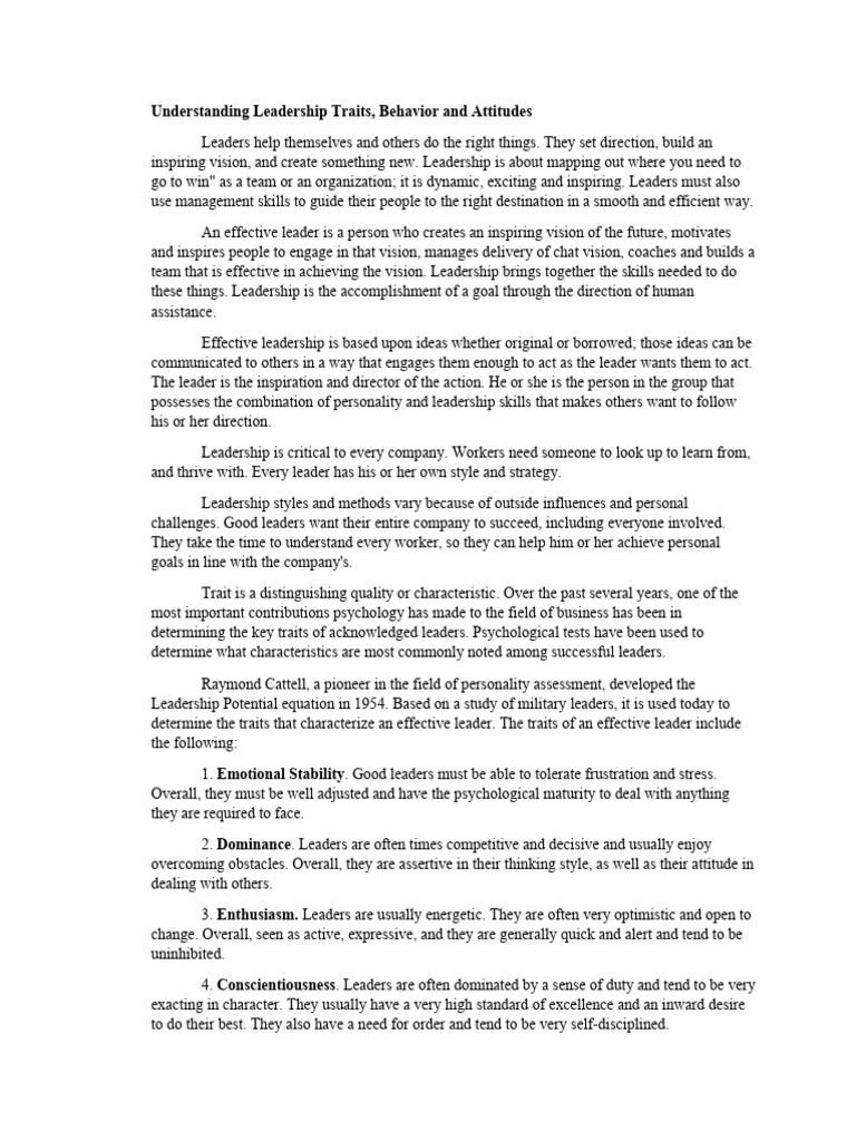 Leadership Traits and Attitudes Explained | PDF | Leadership | Attitude ...