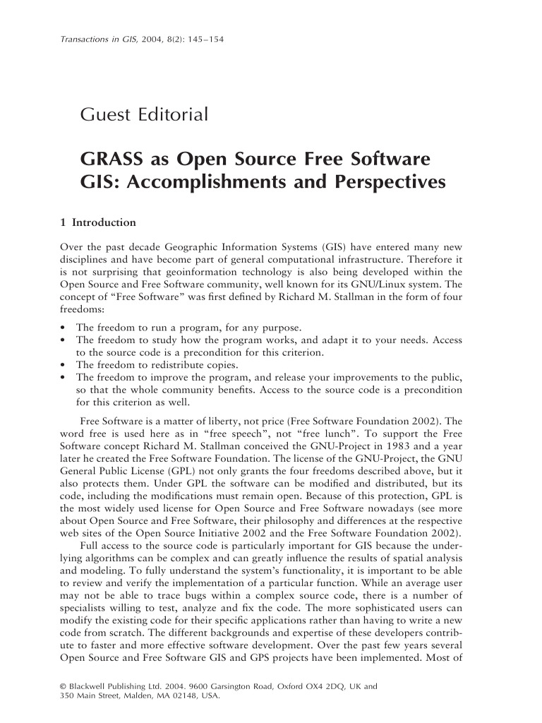 Grass As Open Source Free Software Gis Accomplishments and Perspectives ... Grass As Open Source Free Software Gis Accomplishments and Perspectives ...