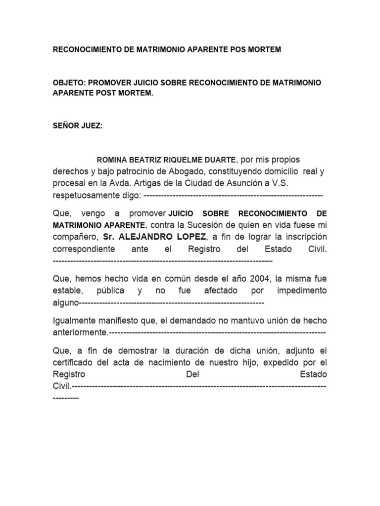 Reconocimiento de Matrimonio Aparente Post Mortem | PDF | Demanda ...