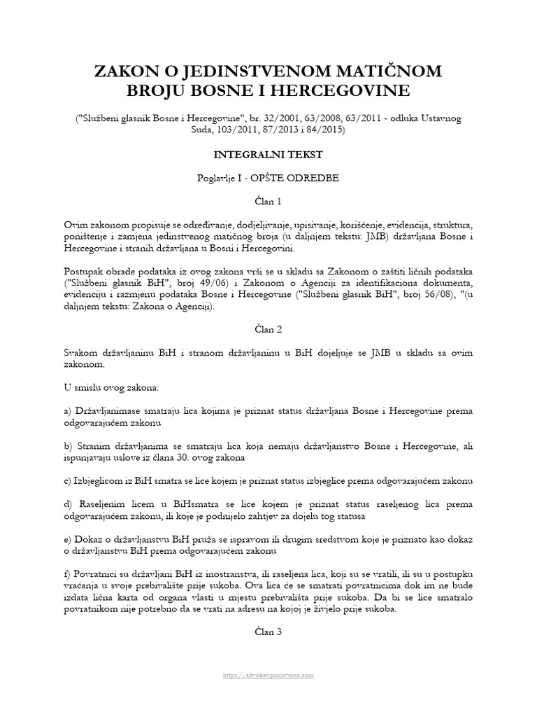 Zakon o JMB BiH | PDF