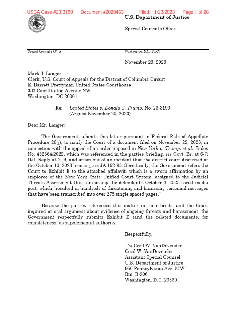 Special Counsel Letter - Nov 23 2023 | PDF | United States Courts Of ...
