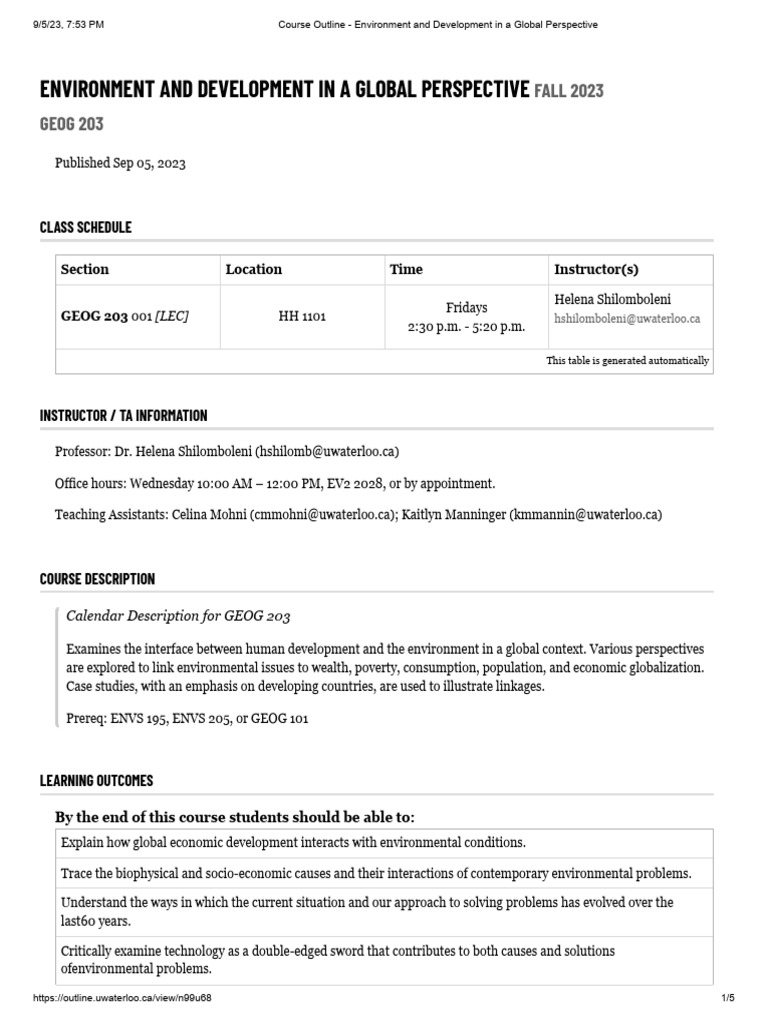 Course Outline - Environment and Development in A Global Perspective ...