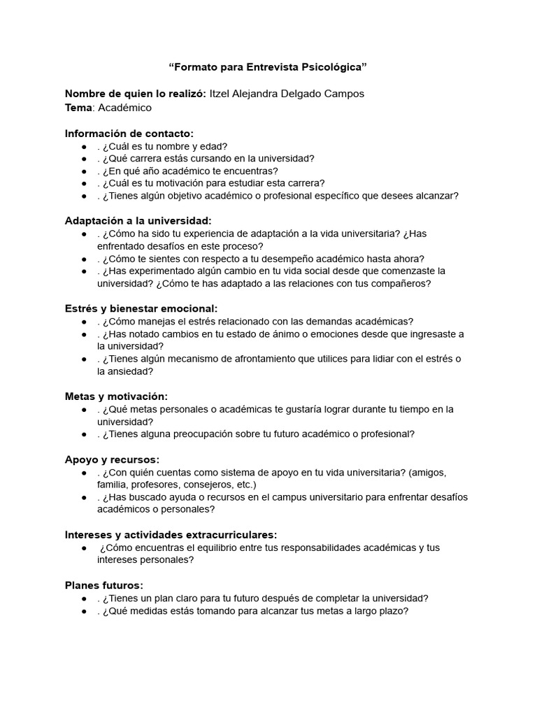 Formulario de Preguntas de Entrevista Psicologica | PDF