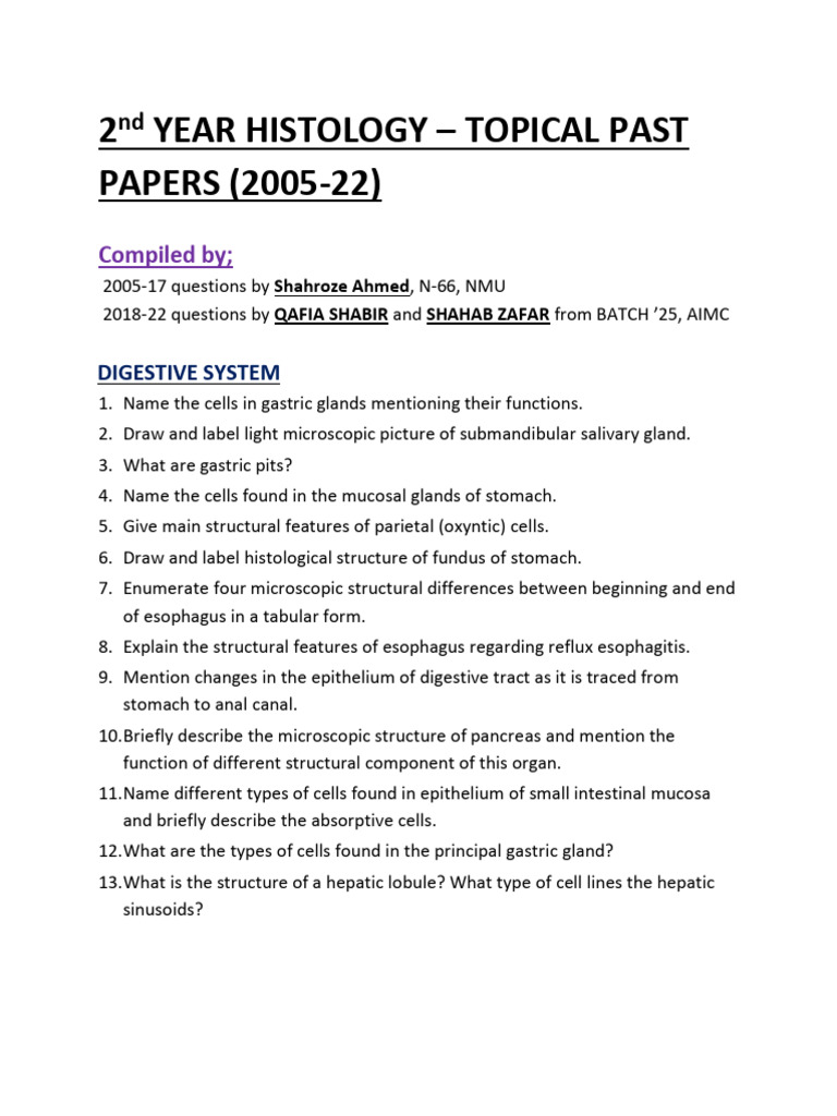2nd Year Histology Past Papers 2005-22 | PDF | Stomach | Human ...