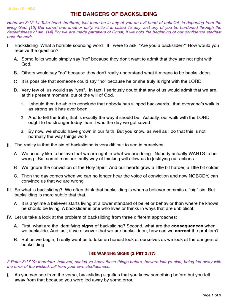 The Dangers of Backsliding: 18 Oct 15 - HBC | PDF | Sin | Jesus