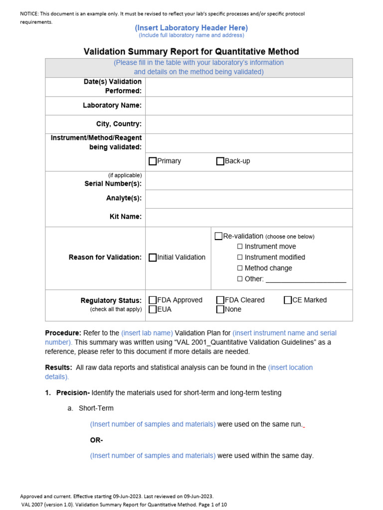 VAL 2007 Validation Summary Report For Quantitative Method | PDF ...