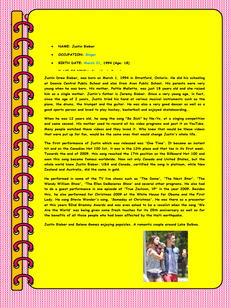 Justin Bieber Reading Comprehension Exercises - 27142 | PDF