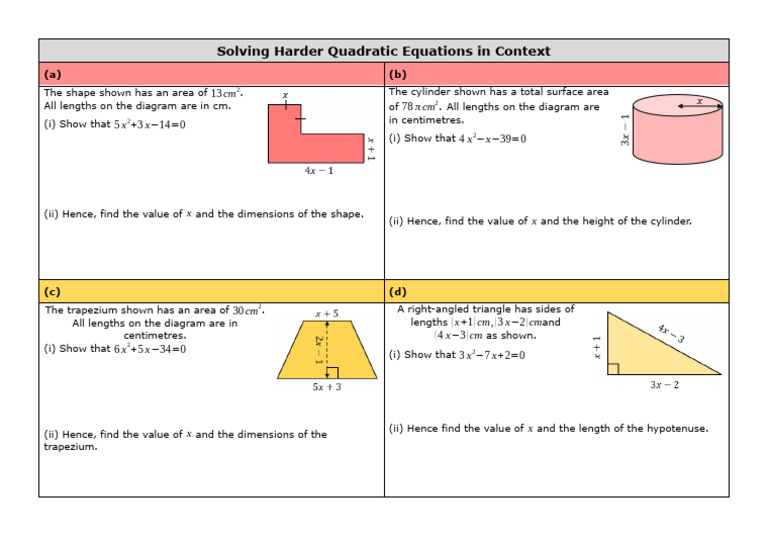 Solving Harder Quadratic Equations In Context Practice Grid Pdf
