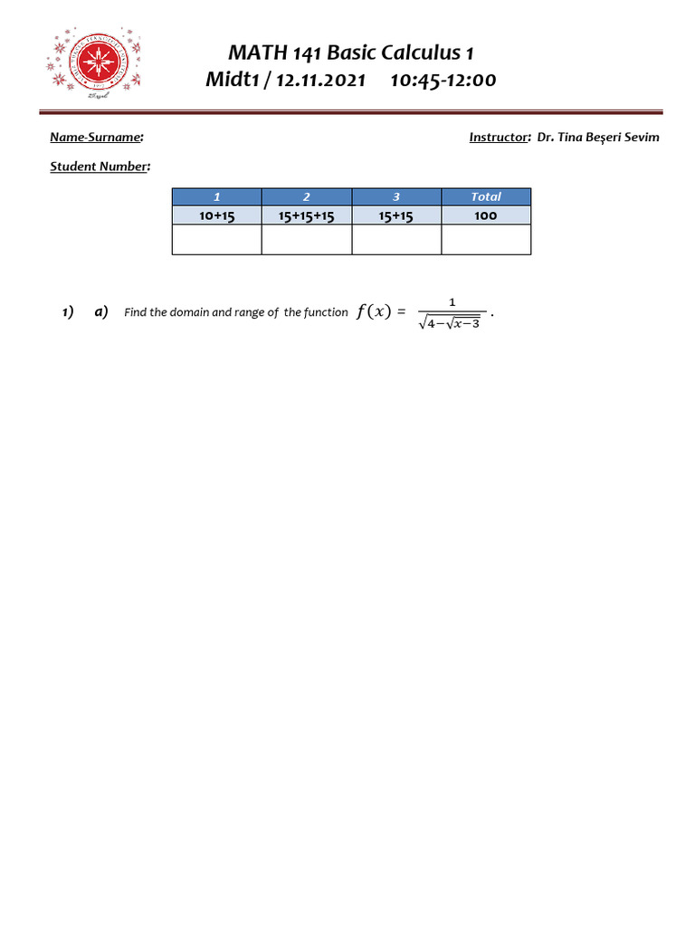 Solution Key Of Math 141 Midt 1 2021 12 11 2021 Pdf Function